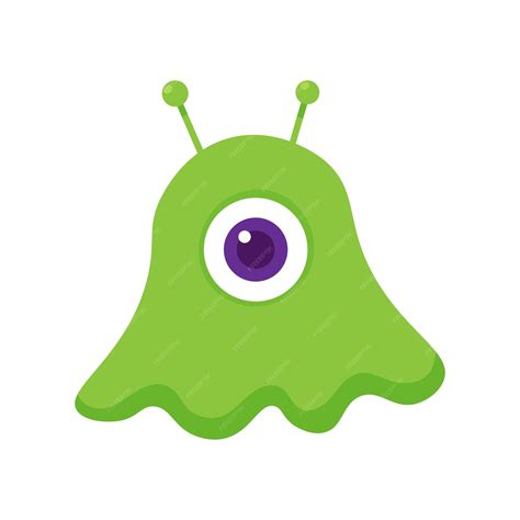 흰색 배경에 얼룩의 형태로 녹색 외눈박이 외계인 만화 스타일의 어린이 그림 긍정적 인 캐릭터 생물 프리미엄 벡터