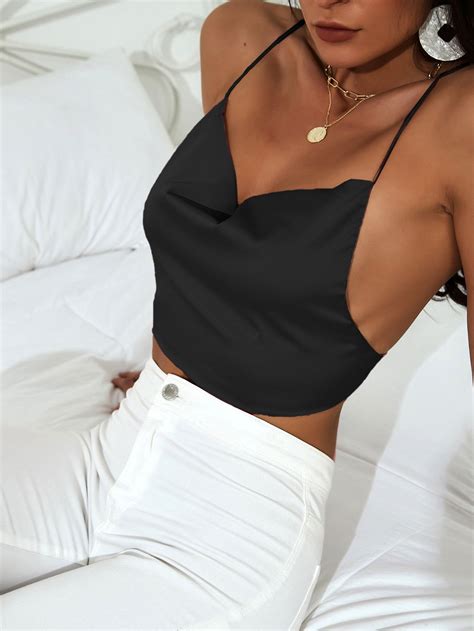 Satin Criss Cross Backless Halter Top Backless Halter Top Womens Halter Tops Halter Tops Outfit