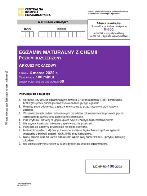 Chemia 2023 Przykladowy Arkusz Cke Rozszerzona | PDF