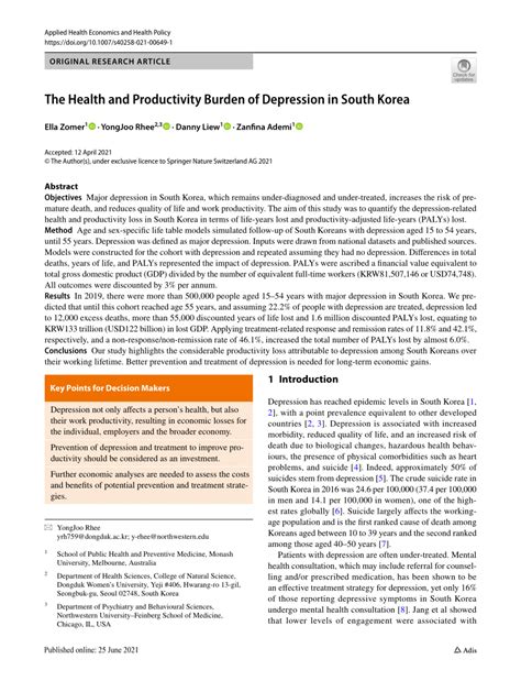 Pdf The Health And Productivity Burden Of Depression In South Korea