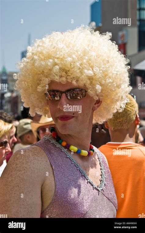 Man Wearing Wig And Lipstick Toronto Gay Pride Parade Stock Photo Alamy