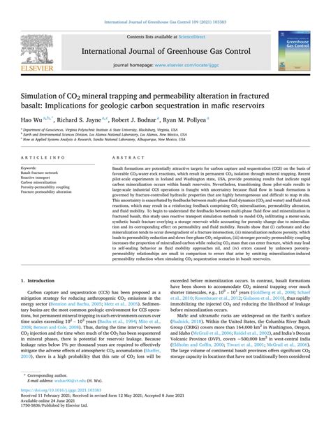 Pdf Simulation Of Co 2 Mineral Trapping And Permeability Alteration In Fractured Basalt