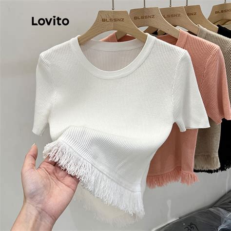 Lovito Casual Blusa Feminina Lisa De Tricô Com Barra Desfiada Lna07151