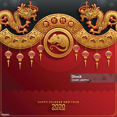쥐의 중국 새해 2020 년 빨간색과 금종이 쥐 문자를 잘라 배경에 공예 스타일과 꽃과 아시아 요소 2020년에 대한 스톡 벡터 아트 및 기타 이미지 Istock