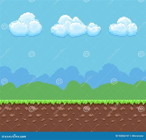 Pixel 8bit Game Vector Background With Ground And Cloudy Sky Panorama Stock Vector