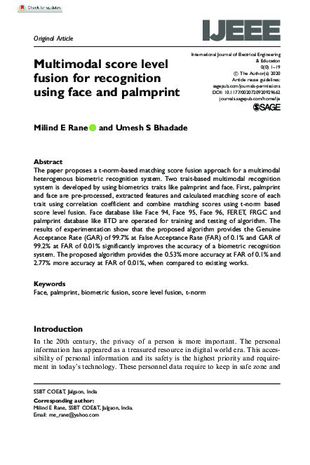 Pdf Multimodal Score Level Fusion For Recognition Using Face And