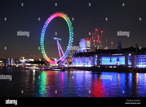 London Uk 8th Jul 2017 London Eye Big Ben And National Theatre Lit Up In Colourful Rainbow