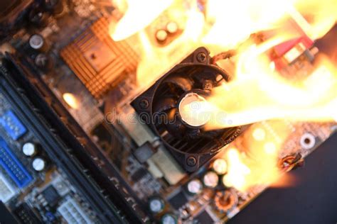 Fire Burning Blazing Computer Motherboard Cpugpu And Video Card Processor On Circuit Board