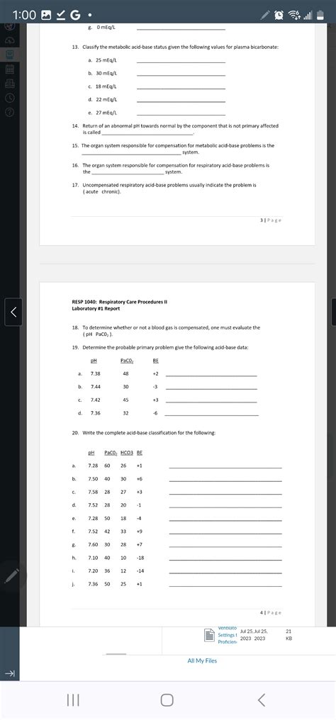 Solved Classify The Metabolic Acid Base Status Given The
