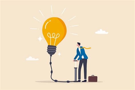 새로운 아이디어 창의성 문제를 해결하기 위한 혁신 아이디어 개발 또는 발명 솔루션 개념에 대해 생각하는 상상력 또는 동기를 창출하고 사업가 펌프 공기는 큰 전구 아이디어로