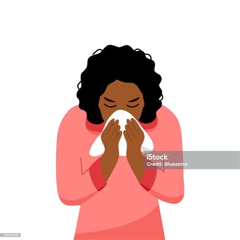 흰색 배경에 흑인 여성 재채기 개념 벡터 손수건에 불고 분홍색 드레스를 입은 아프리카 여성 아픈 여자는 재채기 계절 알레르기