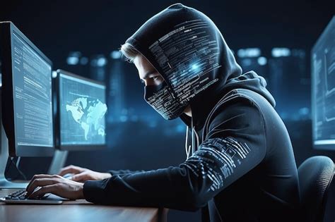 Premium Photo Side View Of Hacker Using Computers At Desk With