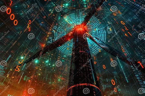Digital Art Of Futuristic Wind Turbines With Neon Lights And Binary Code Matrix Generative Ai