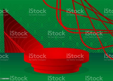 녹색과 빨간색 제품 디스플레이 추상 모형 벡터 3d 룸 미래형 실린더 받침대 연단 프레젠테이션을 위한 공상 과학 최소 무대 쇼케이스 기하학적 형태 빈 장면 0명에 대한 스톡