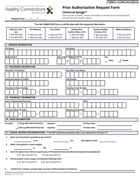 South Carolina Prior Authorization Request Form Universal Synagis