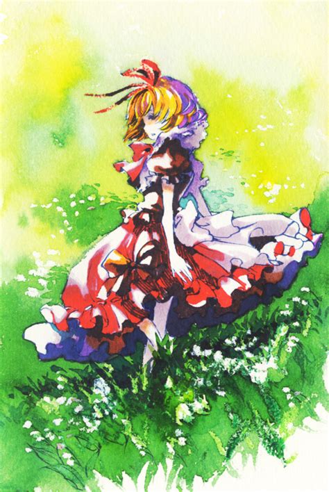 Safebooru Bad Id Blonde Hair Bow Crayon Medium Dress Fea Flower Grass Hair Ribbon Looking