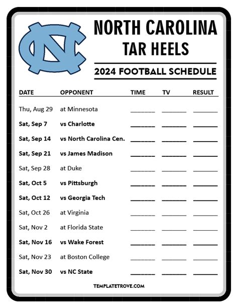 Printable 2024 North Carolina Tar Heels Football Schedule