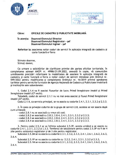 Adresa Ancpi 49986 17102022 Noile Coduri E Terra Pdf