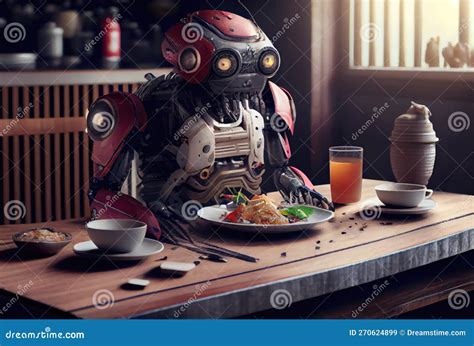 Gourmet Humanoid Robot As Customer Eating Food In The Restaurant