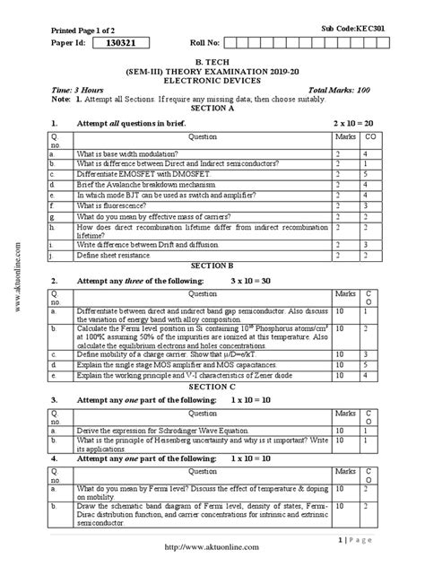 Time 3 Hours Total Marks 100 Printed Page 1 Of 2 Sub Codekec301 Pdf Semiconductors Mosfet