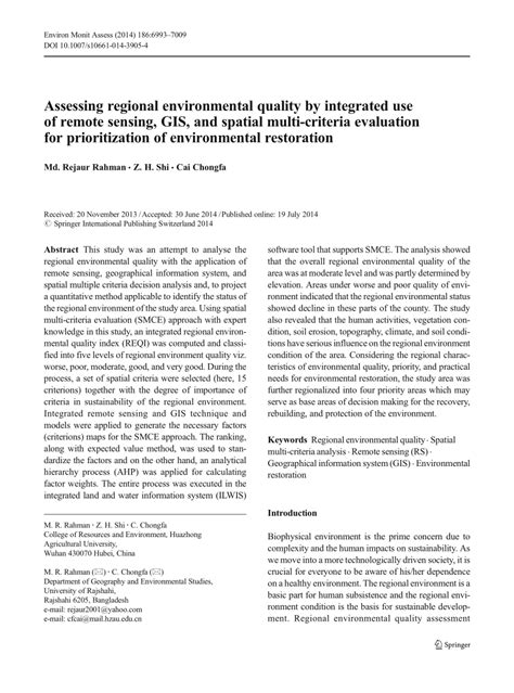 Pdf Assessing Regional Environmental Quality By Integrated Use Of Remote Sensing Gis And