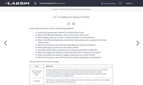 Test Out Lab Sim TestOut Network Pro English Help Feedback Actions Chapter Network