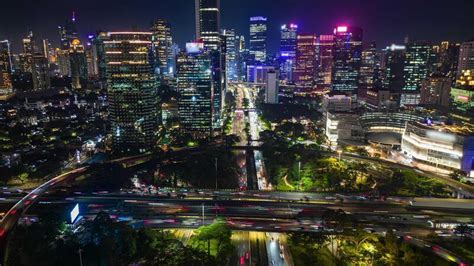 Cinematic Timelapse Aerial Of Jakarta City Skyline At Night With
