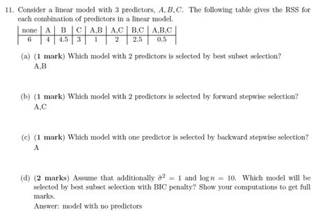 Solved 11 Consider A Linear Model With 3 Predictors A