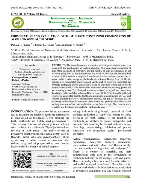 Pdf Formulation And Evaluation Of Toothpaste Containing Combination