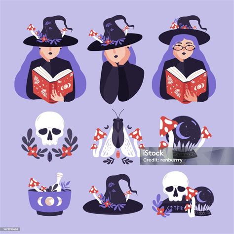 마녀 두개골 구체 오래된 책 마녀 모자 식물 물약 룬 마법의 공의 마법 클립 아트를 설정합니다 요술 어두운 삽화 플랫 스타일의 난해한 오컬트 컬렉션 벡터 요소 귀여운에 대한