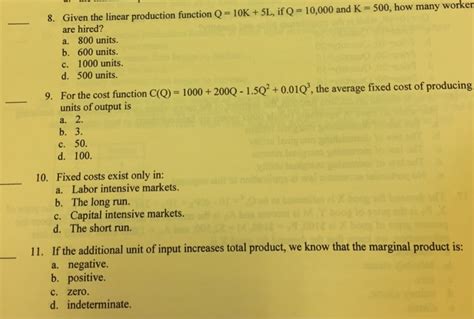 Solved 8 Given The Linear Production Function Q 10k 5l