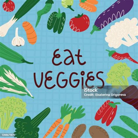 채소 광고 배너 레시피 템플릿을 먹습니다 파란색 타탄 식탁보 다양한 야채와 채소 프레임과 귀여운 손 글자 벡터 손으로 그린 그림 0명에 대한 스톡 벡터 아트 및 기타 이미지