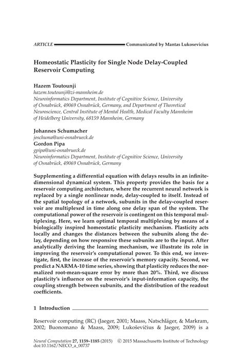 Pdf Homeostatic Plasticity For Single Node Delay Coupled Reservoir Computing