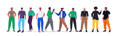 세트 믹스 레이스 젊은 남자 캐주얼 트렌디 한 옷에 함께 서 남성 만화 캐릭터 가공의 인물에 대한 스톡 벡터 아트 및 기타 이미지 가공의 인물 개체 그룹 건강한 생활