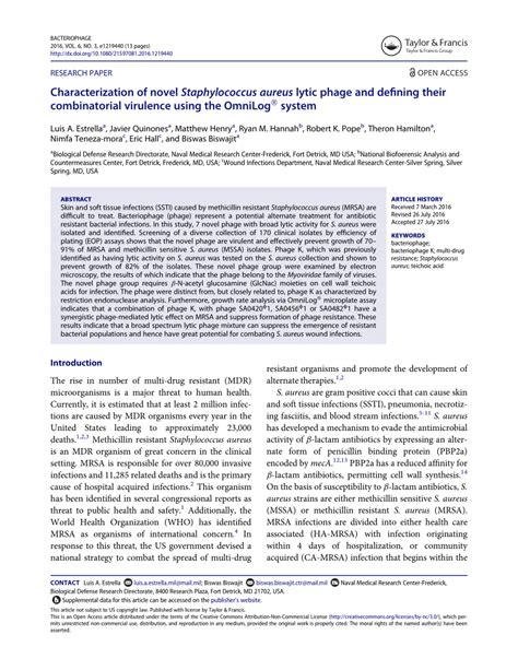 Pdf Characterization Of Novel Staphylococcus Aureus Lytic Phage And Defining Their