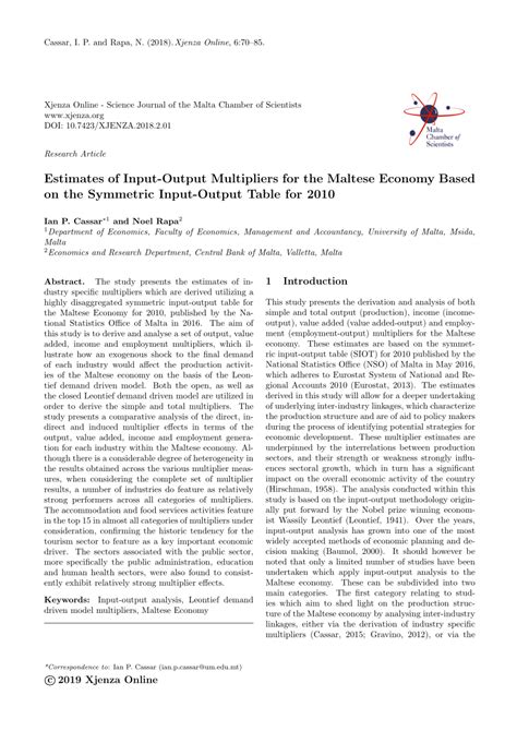 pdf estimates of input output multipliers for the maltese economy based on the symmetric input