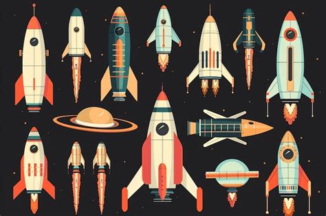 Conjunto De Naves Espaciais E Navios Espaciais Em Estilo De Desenho Animado Vetor Premium