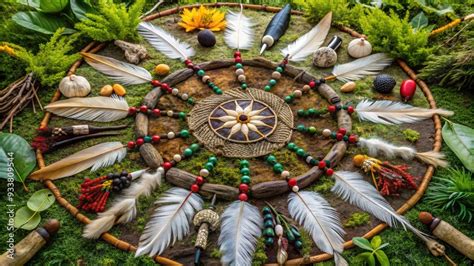 Traditional Native American Medicine Wheel Made Of Feathers Beads And