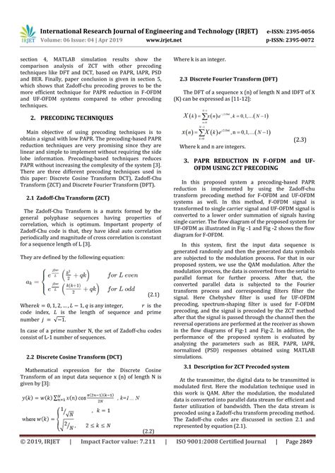 Irjet Papr Reduction In Uf Ofdm And F Ofdm 5g Systems Using Zct Precoding Technique Pdf