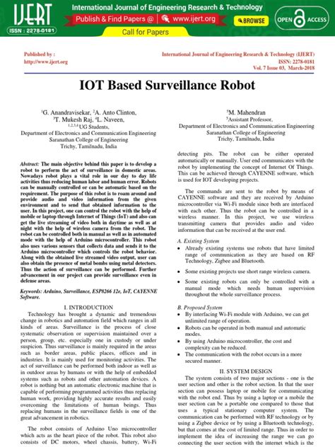 Iot Based Surveillance Robot Ijertv7is030061 Pdf Internet Of Things Arduino