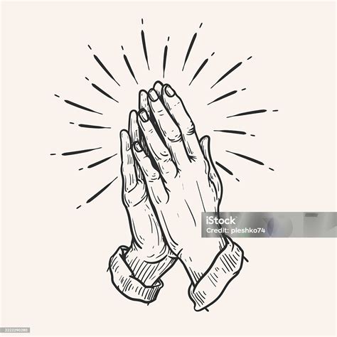 두 손을 모으고 신께 기도한다 손으로 그린 스케치 스타일 종교적인 영적 상징 복고풍 빈티지 스타일의 벡터 일러스트 레이 션 Blessing에 대한 스톡 벡터 아트 및 기타