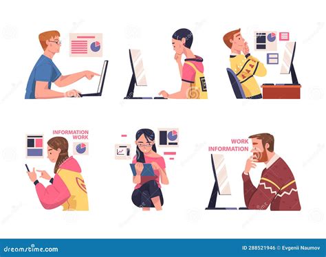 Man And Woman Character Working With Information Analyzing Data And Browsing Internet Vector