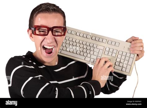 A Typical Nerd Holding A Keyboard All Isolated On White Background Stock Photo Alamy