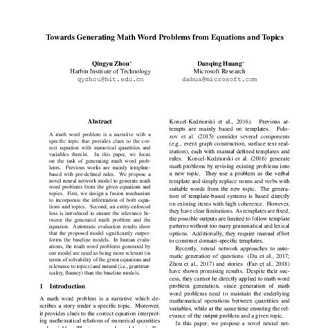 Towards Generating Math Word Problems From Equations And Topics Acl Anthology