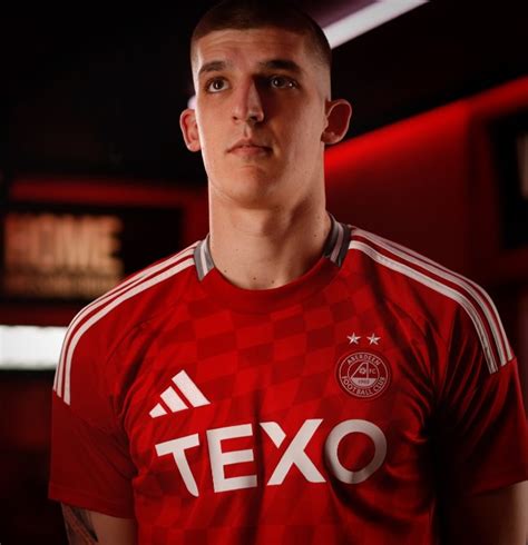 New Aberdeen Fc Strip 24 25 Adidas Dons Home Kit With Grey Collar And Chequered Design