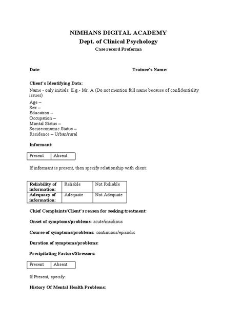 Case Record Proforma Nda Pdf Mental Disorder Mental Health