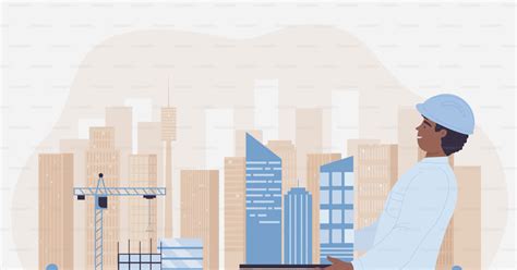 도시 건설 개발 엔지니어링 헬멧을 쓴 건축가는 건물 도시 모델을 들고 있고 노동자는 현대적인 사무실 고층 빌딩과 평면 벡터 일러스트레이션을 모델링하고 있다 아키텍처