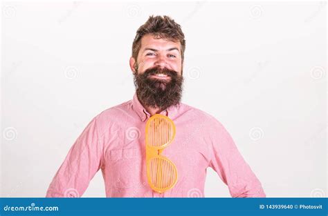 Hipster With Giant Striped Sunglasses Man With Beard And Mustache On