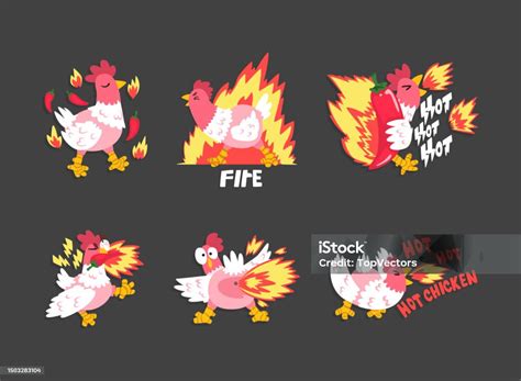 Ayam Pedas Panas Dengan Api Sebagai Panggang Dan Panggang Stiker Vektor Set Ilustrasi Stok