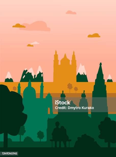 오스트리아 휴가 여행 평면 도면 현대적인 스타일의 비엔나 도시 일러스트레이션 비엔나 플랫 일러스트레이션 손으로 스케치 포스터 배너 엽서 여행사 용 카드 템플릿 티셔츠 셔츠